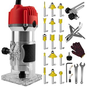 800W Compact Wood Router Tool, Portable Handheld Palm Router Woodworking,Electric Trimmer Wood Router with 15pcs Router Bits,Wood Laminate Router for Woodworking Handicraft and DIY