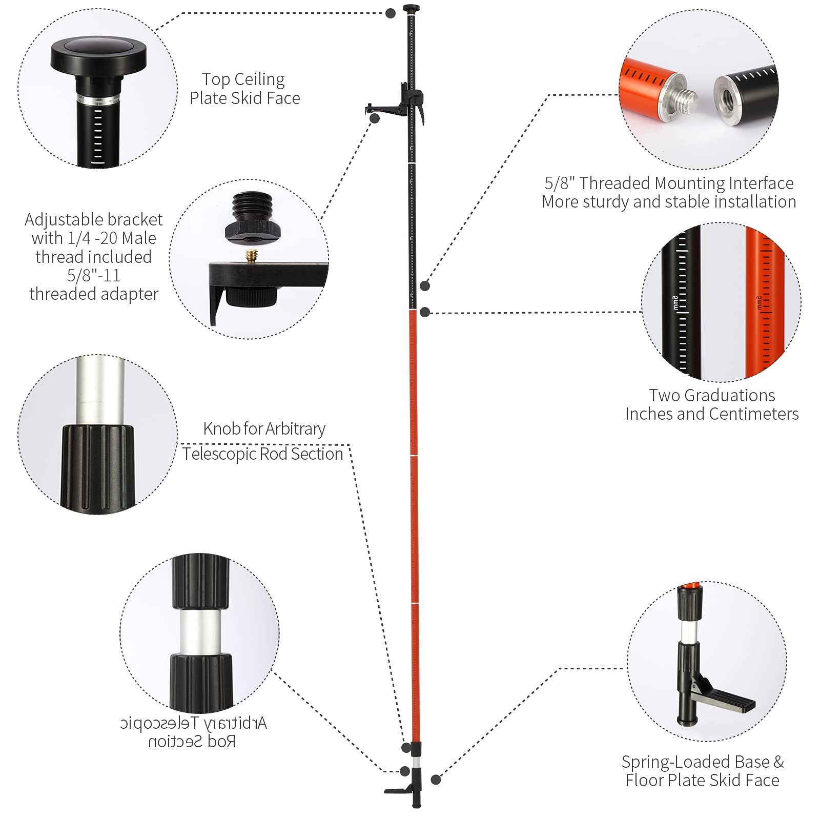 Laser Level Pole， Telescoping Tripod Pole 12FT/3.7M with Tripod Adjustable Mount 5/8''&1/4'' Thread for Bosch Dewalt Rotary and Line Rotary Lasers (MP2 Pole with Tripod)