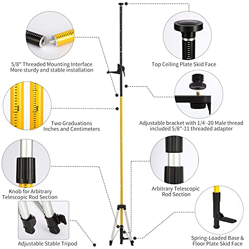 Laser Level Pole, Telescoping Support Pole 12FT/3.7M with Tripod and Mount for Lasers Level of Rotary and Line Lasers (MET-SP3 Pole Without Tripod)