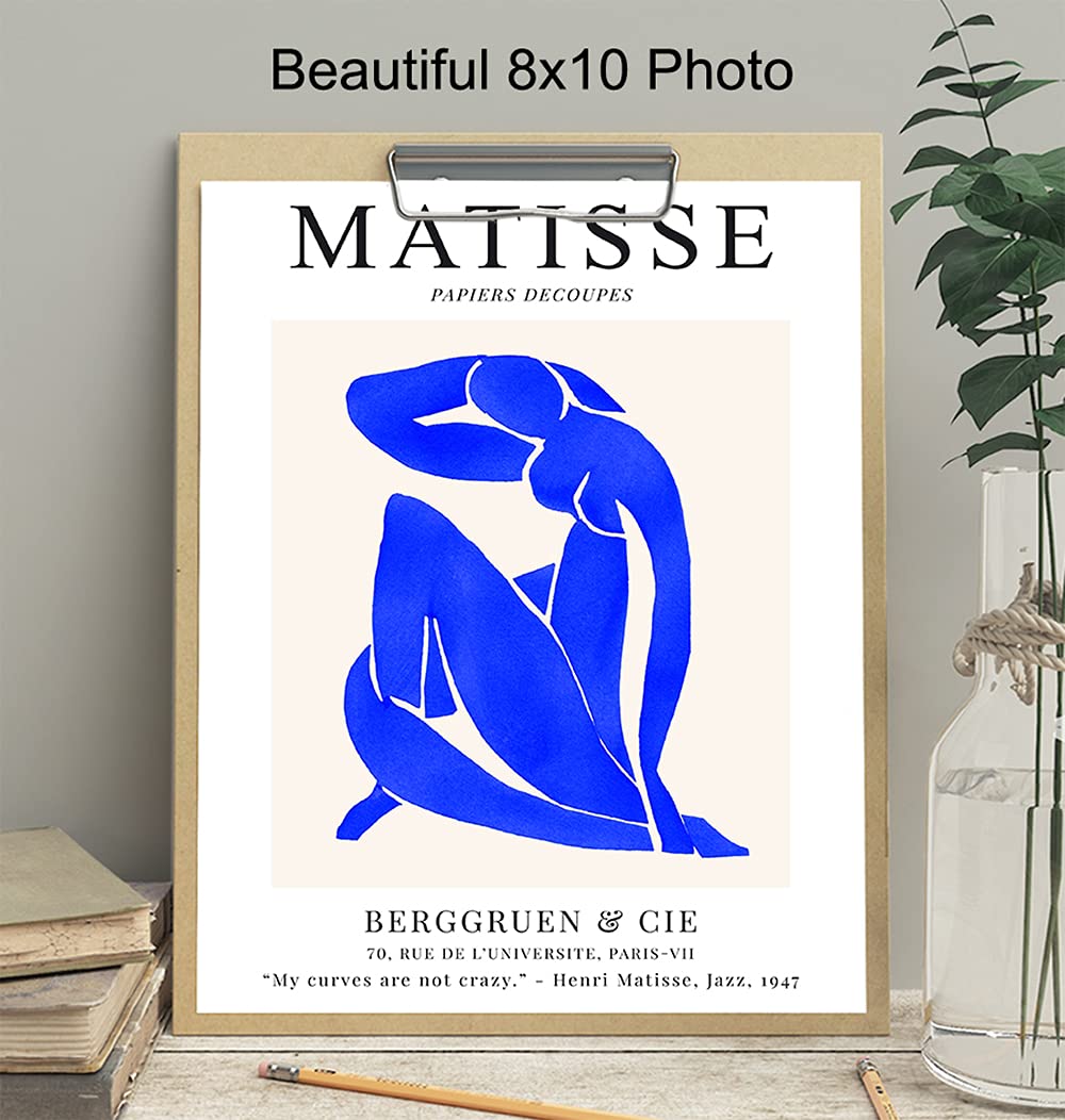 Matisse Wall Art - Blue Matisse Poster, 8x10 - Matisse Print - Minimalist Wall Art - Abstract Art - Line Art Decor - Mid Century Modern Wall Art - Henri Matisse - Aesthetic Pictures - Minimal Wall Art