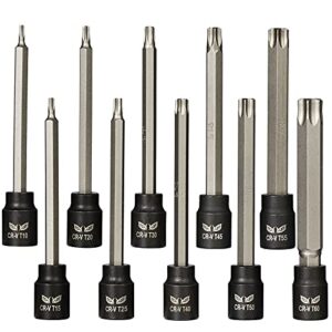 extra long torx bit socket set (10 pack) - long 3.5" torx bit in 3/8" drive t10 - t60