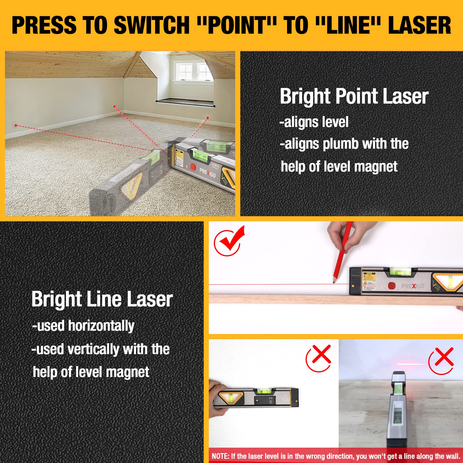 PREXISO 2-in-1 Laser Level with 100Ft Point & 30Ft Line, Magnetic Leveler for Construction, Home Renovation