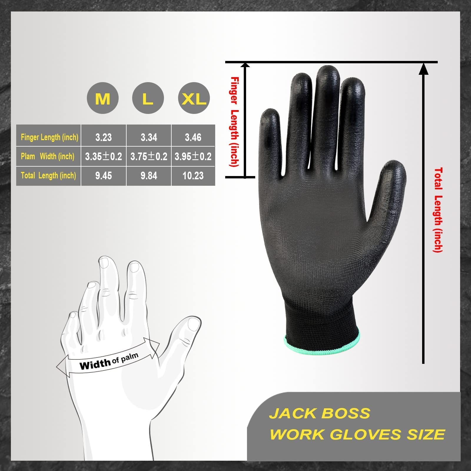 Jack Boss 12 Pack Safety Work Gloves for Men & Women With PU Coated Grip On Palm & Fingers Seamless Knit Working Gloves for Light Duty Works,Gardening