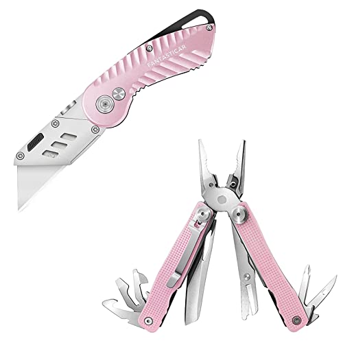 FantastiCAR Pink Utility knife Box cutter with Extra Blades and Multifunctional Pliers Set, Stainless Steel Body and Gift Packaging Box