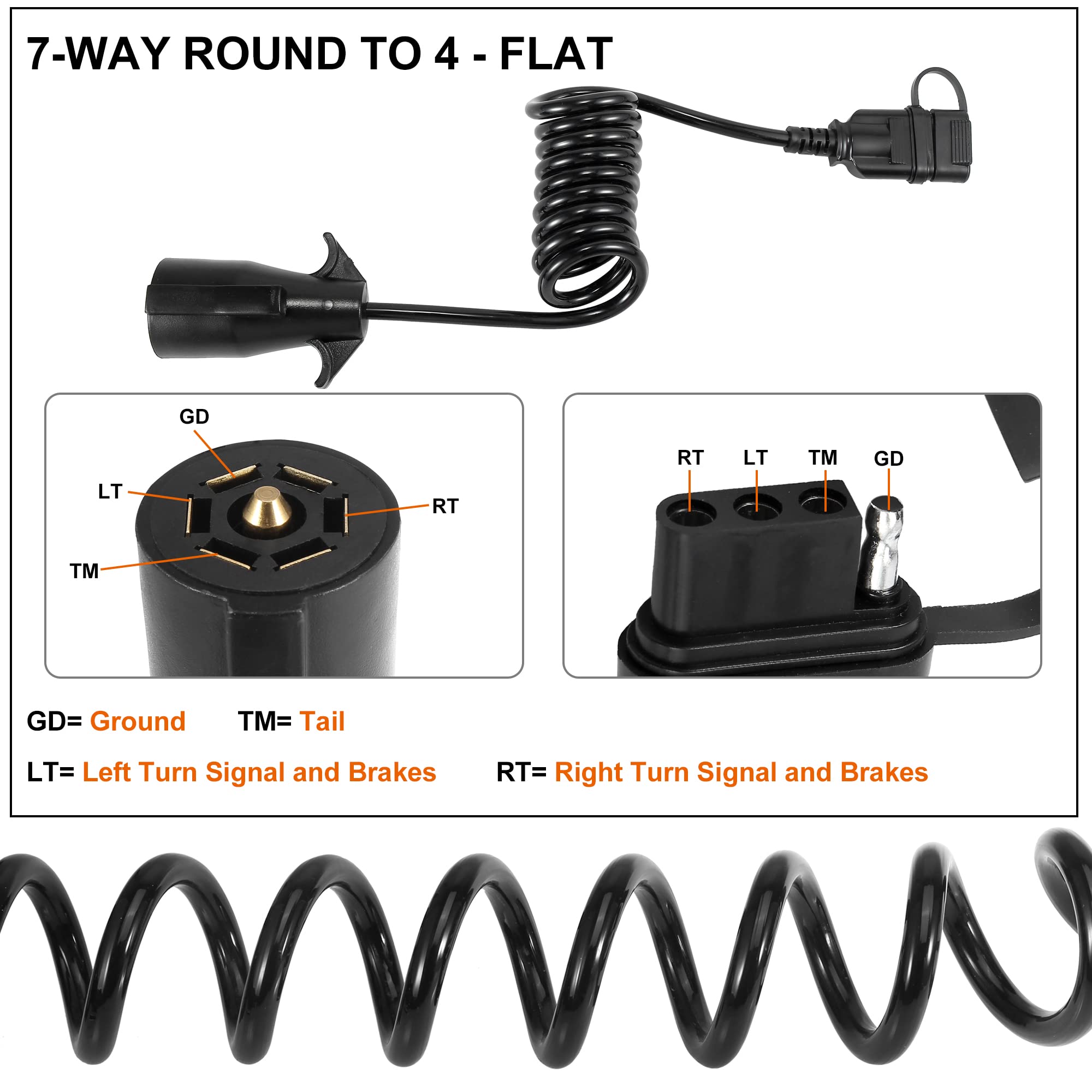 X AUTOHAUX 4.5ft 7 Way Round to 4 Way Pin Flat Trailer Coiled Wiring Harness Connector Adapter Plug