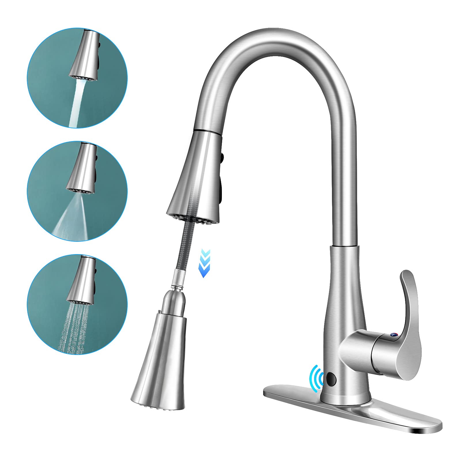 Giantex 304 Stainless Steel Touchless Kitchen Faucet, 360 Degree Swivel High Arc Single Handle Hands-Free Faucet w/Pull Down Sprayer, Brushed Nickel Motion Sensor Sink Faucet w/ 3 Spray Functions