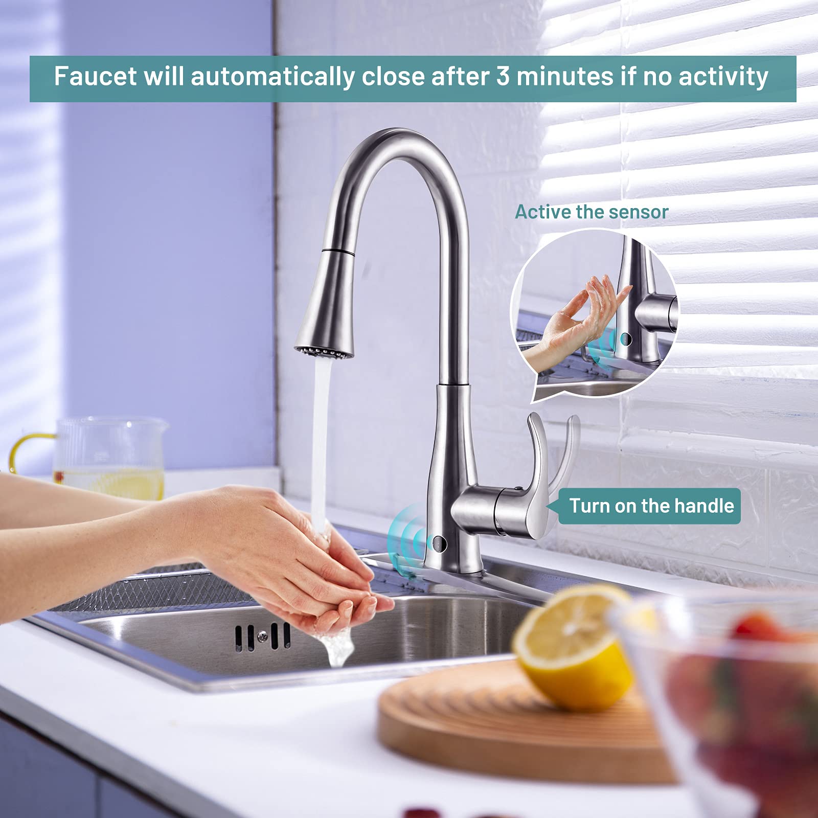 Giantex 304 Stainless Steel Touchless Kitchen Faucet, 360 Degree Swivel High Arc Single Handle Hands-Free Faucet w/Pull Down Sprayer, Brushed Nickel Motion Sensor Sink Faucet w/ 3 Spray Functions