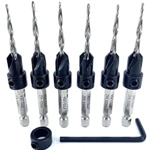 FTG USA Countersink Drill Bit Set 6 Pc #6 (9/64") Parabolic Flute Wood Countersink Drill Bit, Pro Pack Countersink Bit, Tapered Drill Bits for Countersink with 1 Depth Stop Collar and 1 Hex Wrench