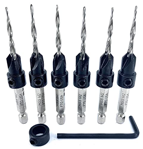 FTG USA Countersink Drill Bit Set 6 Pc #6 (9/64") Parabolic Flute Wood Countersink Drill Bit, Pro Pack Countersink Bit, Tapered Drill Bits for Countersink with 1 Depth Stop Collar and 1 Hex Wrench