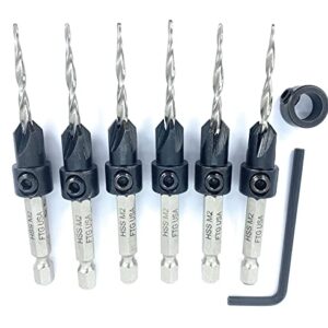 FTG USA Countersink Drill Bit Set 6 Pc #6 (9/64") Parabolic Flute Wood Countersink Drill Bit, Pro Pack Countersink Bit, Tapered Drill Bits for Countersink with 1 Depth Stop Collar and 1 Hex Wrench