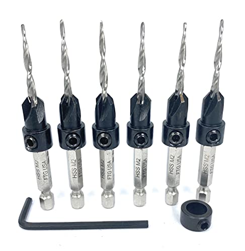 FTG USA Countersink Drill Bit Set 6 Pc #6 (9/64") Parabolic Flute Wood Countersink Drill Bit, Pro Pack Countersink Bit, Tapered Drill Bits for Countersink with 1 Depth Stop Collar and 1 Hex Wrench