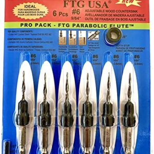 FTG USA Countersink Drill Bit Set 6 Pc #6 (9/64") Parabolic Flute Wood Countersink Drill Bit, Pro Pack Countersink Bit, Tapered Drill Bits for Countersink with 1 Depth Stop Collar and 1 Hex Wrench