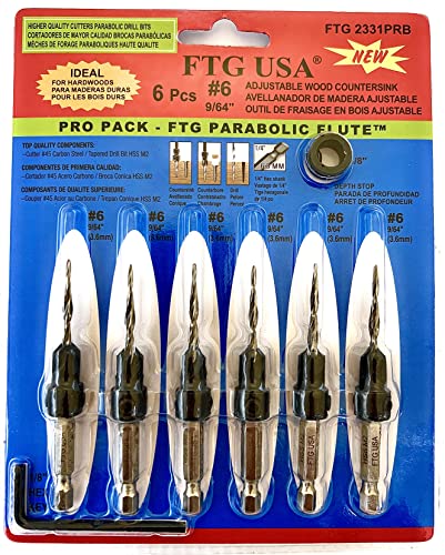 FTG USA Countersink Drill Bit Set 6 Pc #6 (9/64") Parabolic Flute Wood Countersink Drill Bit, Pro Pack Countersink Bit, Tapered Drill Bits for Countersink with 1 Depth Stop Collar and 1 Hex Wrench