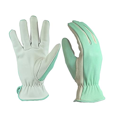 DIGZ 78221-26 Full Goatskin Leather Palm Gardening Gloves, Work Gloves with Safety Cuff, Light Green, Medium