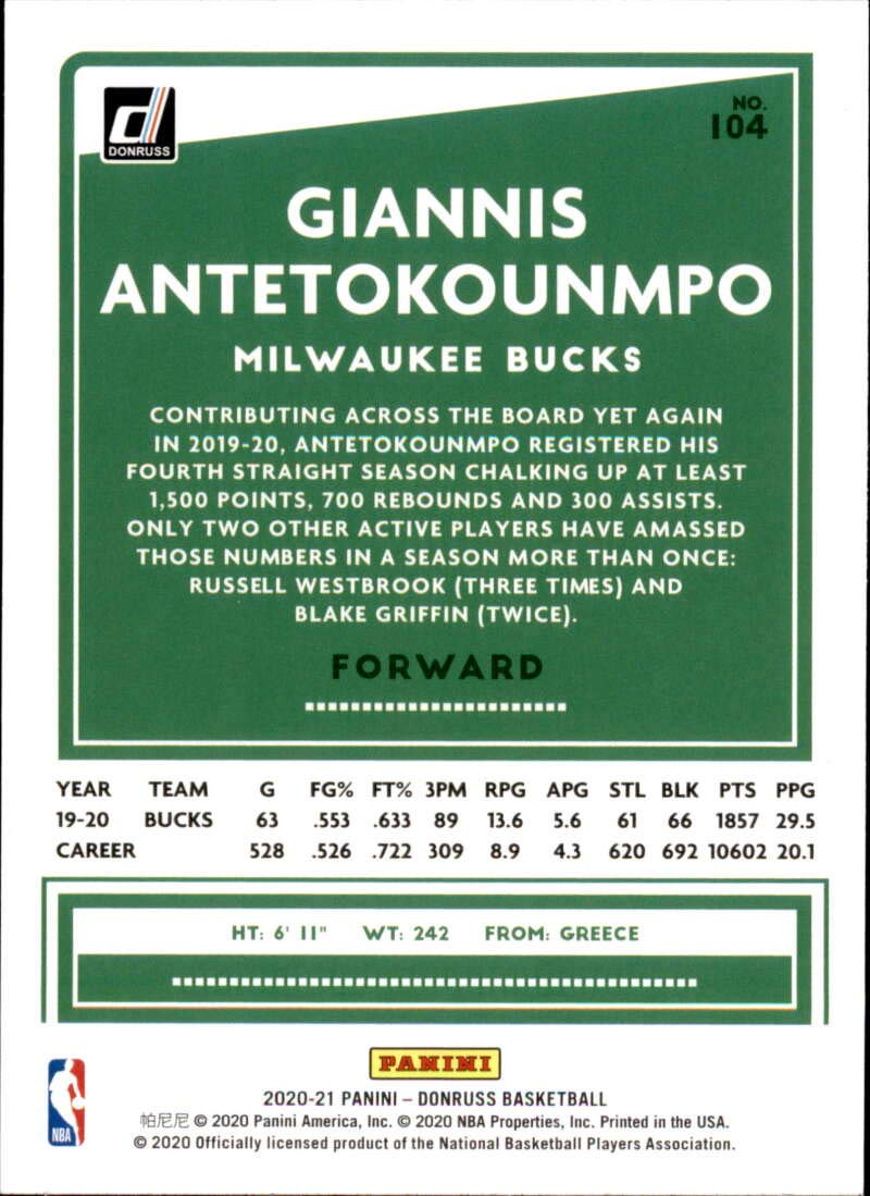 2020-21 Donruss #104 Giannis Antetokounmpo Milwaukee Bucks Basketball Card