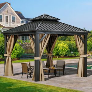 YITAHOME 10x10ft Gazebo Double Roof Canopy with Netting and Curtains, Outdoor Gazebo 2-Tier Hardtop Galvanized Iron Aluminum Frame Garden Tent for Patio, Backyard, Deck and Lawns