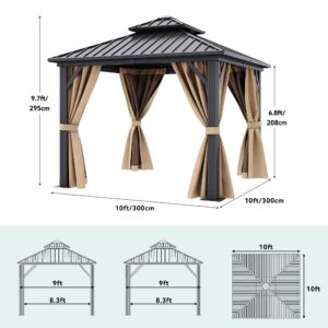 YITAHOME 10x10ft Gazebo Double Roof Canopy with Netting and Curtains, Outdoor Gazebo 2-Tier Hardtop Galvanized Iron Aluminum Frame Garden Tent for Patio, Backyard, Deck and Lawns