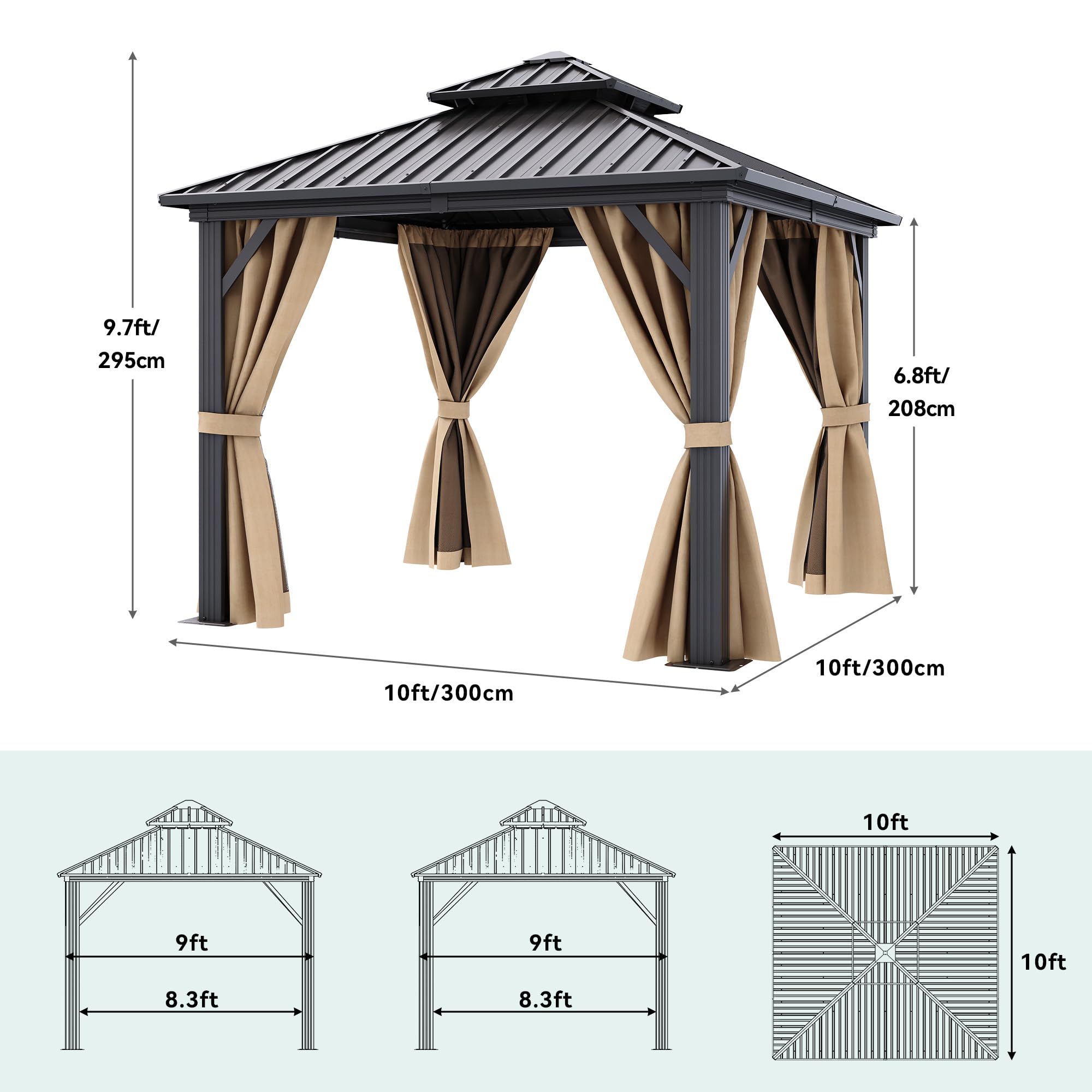 YITAHOME 10x10ft Gazebo Double Roof Canopy with Netting and Curtains, Outdoor Gazebo 2-Tier Hardtop Galvanized Iron Aluminum Frame Garden Tent for Patio, Backyard, Deck and Lawns