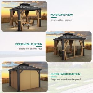 YITAHOME 10x10ft Gazebo Double Roof Canopy with Netting and Curtains, Outdoor Gazebo 2-Tier Hardtop Galvanized Iron Aluminum Frame Garden Tent for Patio, Backyard, Deck and Lawns