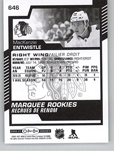 2020-21 O-Pee-Chee #646 MacKenzie Entwistle RC Rookie Card Chicago Blackhawks Marquee Rookies Official NHL Hockey Trading Card From Upper Deck Series Two in Raw (NM or Better) Condition