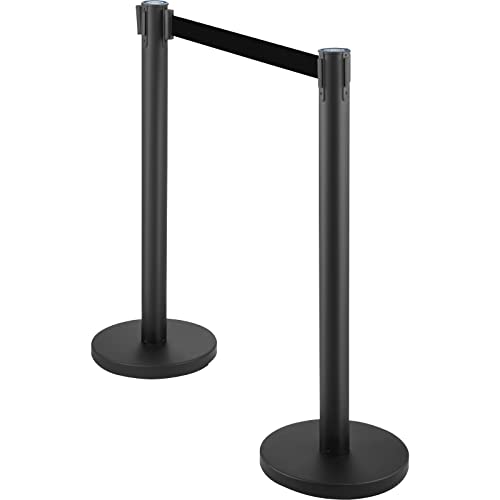 VEVOR Crowd Control Stanchion Set, Stanchion Set with 6.6 ft/2 m Black Retractable Belt, Black Crowd Control Barrier w/Concrete and Metal Base - Easy Connect Assembly (6)