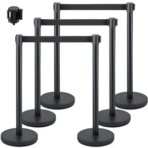 vevor crowd control stanchion set, stanchion set with 6.6 ft/2 m black retractable belt, black crowd control barrier w/concrete and metal base - easy connect assembly (6)