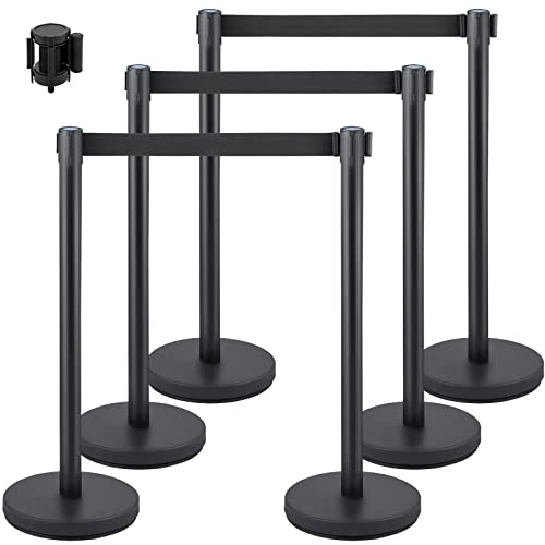 VEVOR Crowd Control Stanchion Set, Stanchion Set with 6.6 ft/2 m Black Retractable Belt, Black Crowd Control Barrier w/Concrete and Metal Base - Easy Connect Assembly (6)