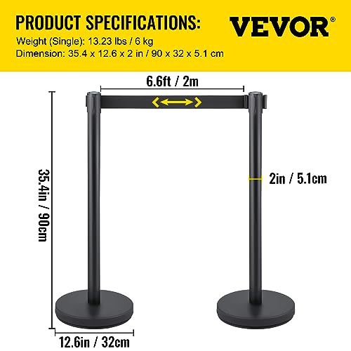 VEVOR Crowd Control Stanchion Set, Stanchion Set with 6.6 ft/2 m Black Retractable Belt, Black Crowd Control Barrier w/Concrete and Metal Base - Easy Connect Assembly (6)