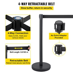 VEVOR Crowd Control Stanchion Set, Stanchion Set with 6.6 ft/2 m Black Retractable Belt, Black Crowd Control Barrier w/Concrete and Metal Base - Easy Connect Assembly (6)