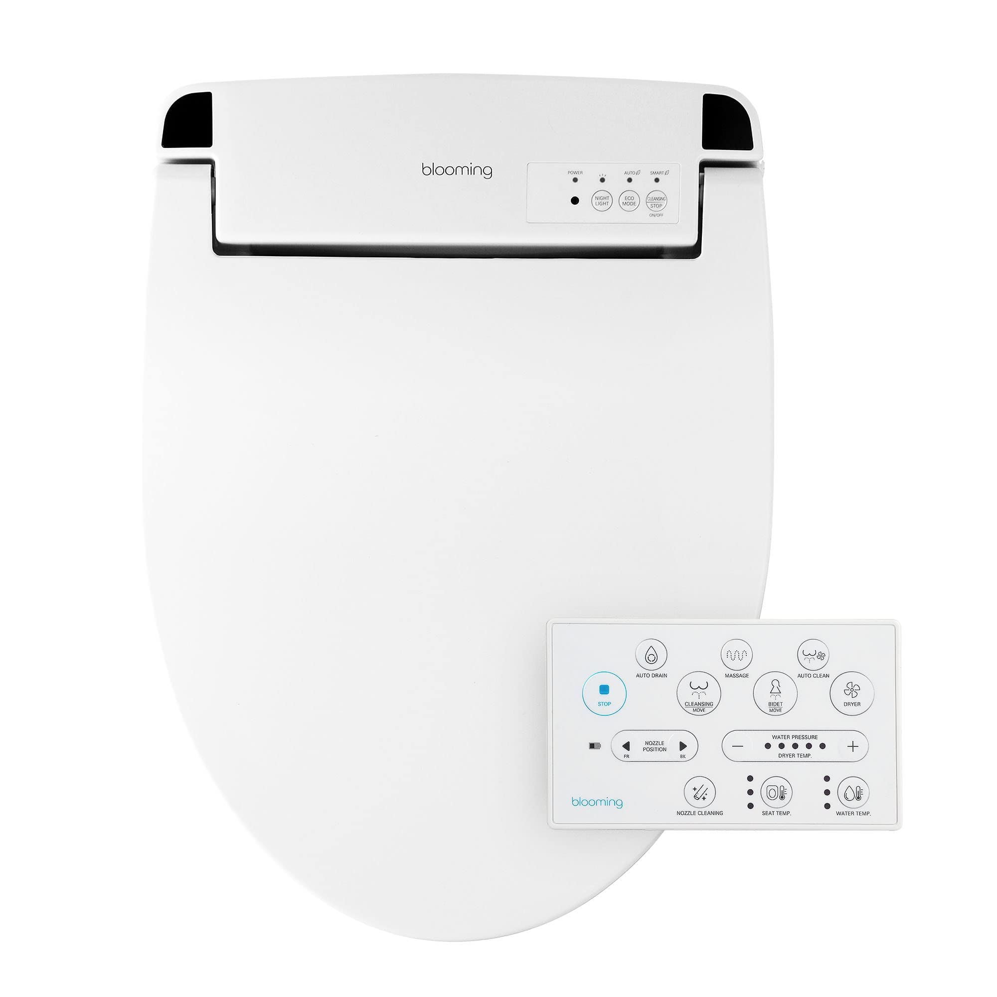 Blooming NB-R1260E Bidet Toilet Seat - Smart Toilet Seat with Stainless Steel Nozzle, Warm Water, Dryer, Heated Seat, Sittable Lid, LED Nightlight - White Elongated Attachment with Remote Control