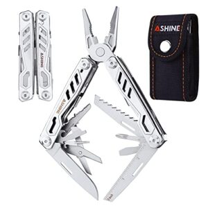 ashine multitool with pocket clip knife scissors, 17-in-1 edc multi-tool pliers with safety lock unlock button rounded handles & sheath for men camping fishing