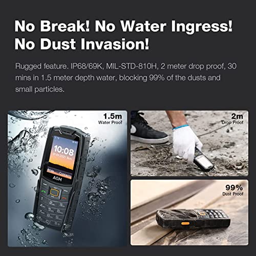 AGM M6 4G Rugged Phone, Cell Phone for Seniors & Kids, Dual SIM IP68/IP69K Waterproof Phone, MIL-STD-810H, T-Mobile, 2.4" Screen, 48+128MB, 2500mAh Battery, Black, Big Button | Big Font | Big Speaker