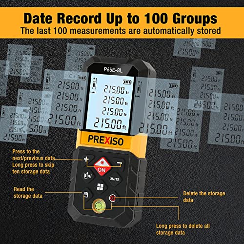 PREXISO Laser Measure, 215Ft Laser Measurement Tool with Entension for Diagonal Measuring Ft/Ft+in/in/M Units - Pythagorean Mode, Area Volume -100 Sets Data Storage, Medidor Laser Distance Meter