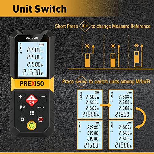 PREXISO Laser Measure, 215Ft Laser Measurement Tool with Entension for Diagonal Measuring Ft/Ft+in/in/M Units - Pythagorean Mode, Area Volume -100 Sets Data Storage, Medidor Laser Distance Meter