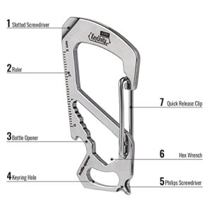 KeyUnity KS00 Carabiner Clip Multitool Stainless Steel 7 Tools in 1 | Quick Release Clasp | Wrench | Philips Screwdriver | Slotted Screwdriver | Bottle Opener | Ruler | Key Holder (Silver)