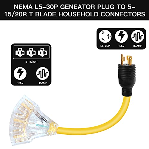 EXCELFU 30 Amp to 110 Adapter Generator Power Cord, 3 Prong 30 Amp to 15 Amp Generator Adapter, Nema L5-30P Male to 3X 5-20R Female with Lighted End, 1.5 FT