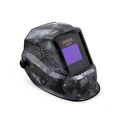 Jackson Safety Premium Auto Darkening Welding Helmet 3/10 Shade Range, 1/1/1/1 Optical Clarity, 1/25,000 sec. Response Time, 370 Speed Dial Headgear, 6 Feet Under Graphics, Black/Grey/White, 47100