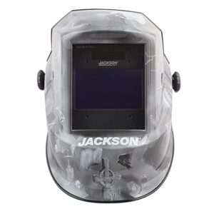 Jackson Safety Premium Auto Darkening Welding Helmet 3/10 Shade Range, 1/1/1/1 Optical Clarity, 1/25,000 sec. Response Time, 370 Speed Dial Headgear, 6 Feet Under Graphics, Black/Grey/White, 47100