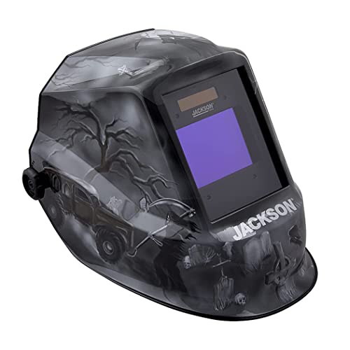 Jackson Safety Premium Auto Darkening Welding Helmet 3/10 Shade Range, 1/1/1/1 Optical Clarity, 1/25,000 sec. Response Time, 370 Speed Dial Headgear, 6 Feet Under Graphics, Black/Grey/White, 47100