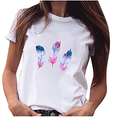 wodceeke 2021 Summer Tops For Women Short Sleeve Round Neck Feather Print Basic Tee Casual Loose Solid Color Top (White,M)