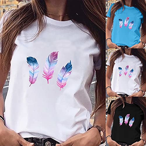 wodceeke 2021 Summer Tops For Women Short Sleeve Round Neck Feather Print Basic Tee Casual Loose Solid Color Top (White,M)