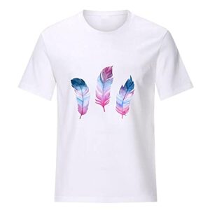 wodceeke 2021 Summer Tops For Women Short Sleeve Round Neck Feather Print Basic Tee Casual Loose Solid Color Top (White,M)