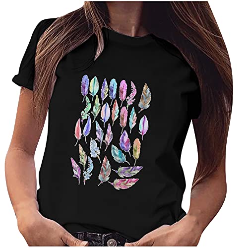 wodceeke Womens 2021 Summer Tops Short Sleeve Round Neck Feather Print Basic Tee Casual Loose Solid Color Top (Black,M)