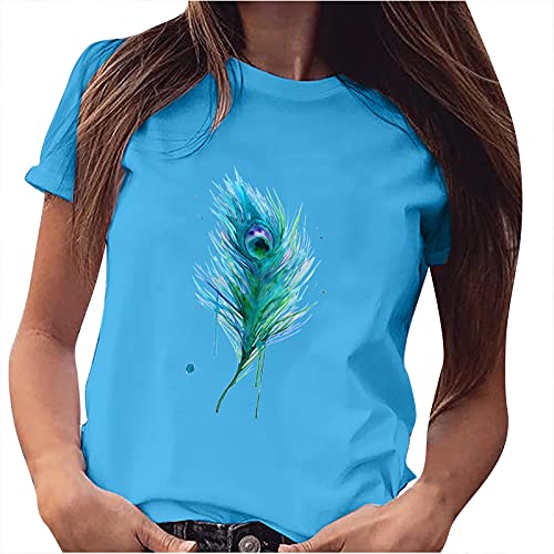 wodceeke Women 2021 Summer Tops Short Sleeve Round Neck Feather Print Basic Tee Casual Loose Solid Color Sport Top (Blue,XXL)