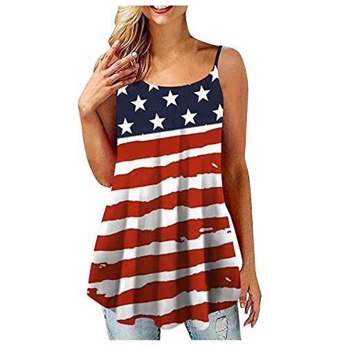 wodceeke Women's Summer Tank Sleeveless Sling American Flag Printed T-shirt Casual Loose Independence Day Tops (Red,M)