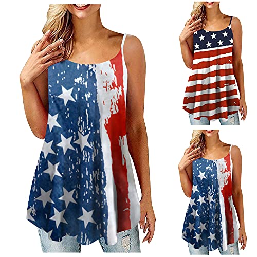 wodceeke Women's Summer Tank Sleeveless Sling American Flag Printed T-shirt Casual Loose Independence Day Tops (Red,M)