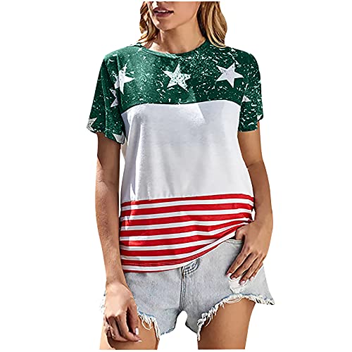 wodceeke Womens short-sleeved round neck T-shirt American flag stitching printed Tee casual loose Independence Day tops (Army Green,XL)