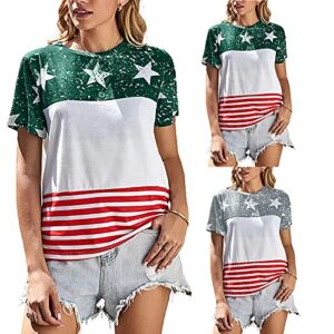 wodceeke Womens short-sleeved round neck T-shirt American flag stitching printed Tee casual loose Independence Day tops (Army Green,XL)