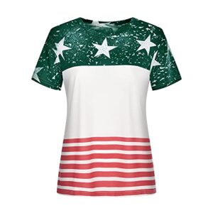 wodceeke Womens short-sleeved round neck T-shirt American flag stitching printed Tee casual loose Independence Day tops (Army Green,XL)