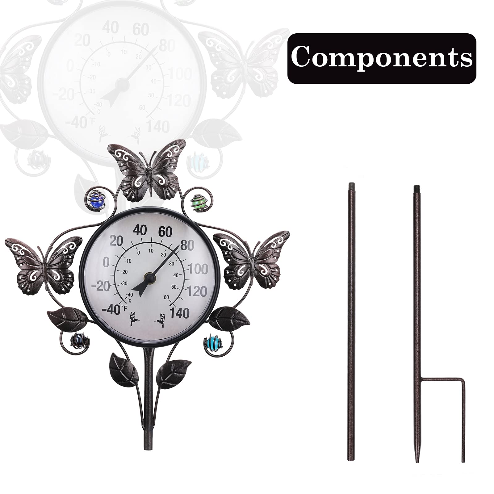 Outdoor Thermometer-Thermometer for Outside Temperature - Metal Stake Thermometer and Hygrometer Outdoor Garden Decor Butterfly and Leaf